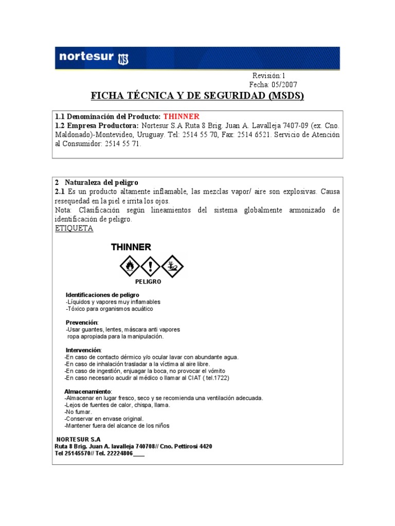 Ficha Técnica y de Seguridad de Thinner | PDF | Química | Materiales