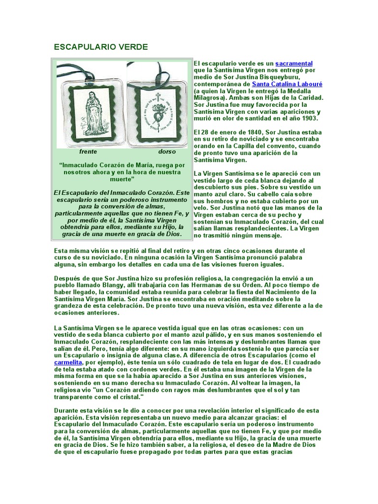 La historia y significado del Escapulario Verde de la Virgen María | PDF | Oración | María ...