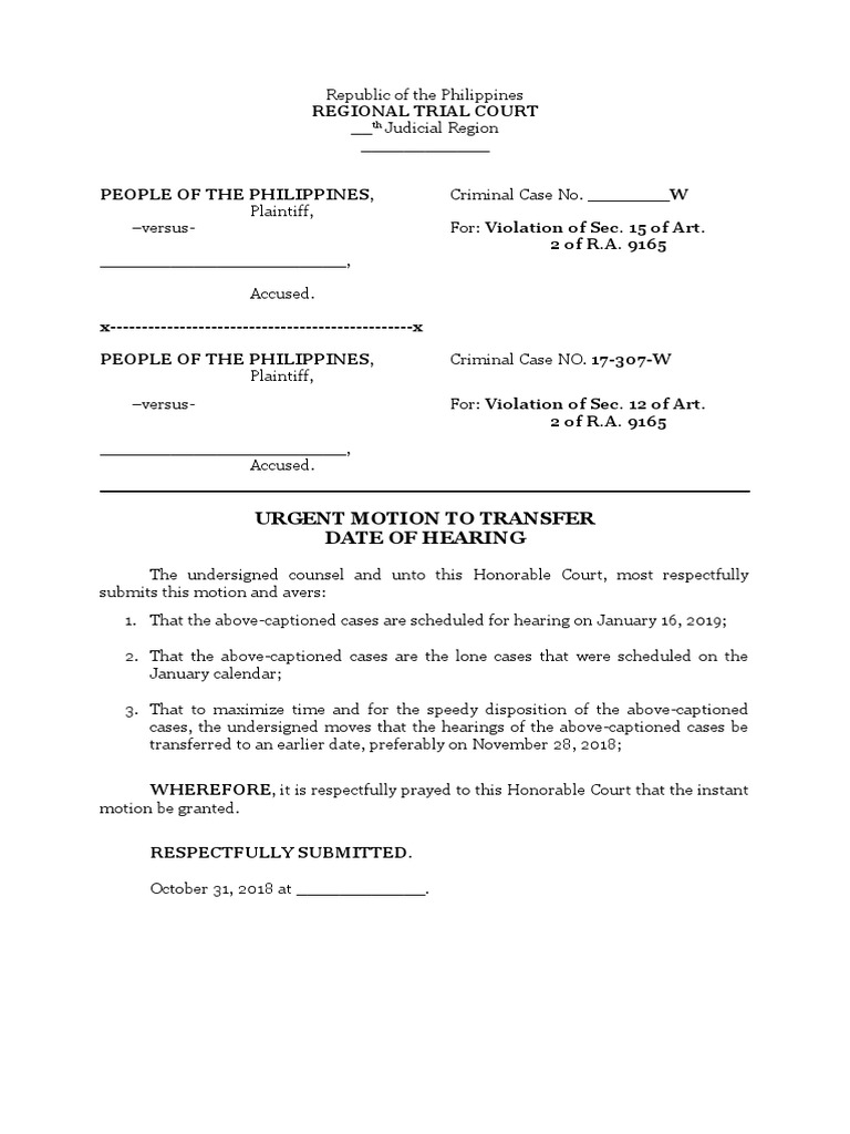 Urgent Motion To Transfer Date of Hearing | PDF | Prosecutor | Legal Organizations