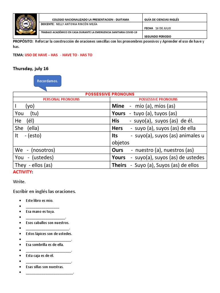 GUIA DE INGLÉS - USO DE HAVE -HAVE TO - HAS - HAS TO - JULIO 16 | PDF ...