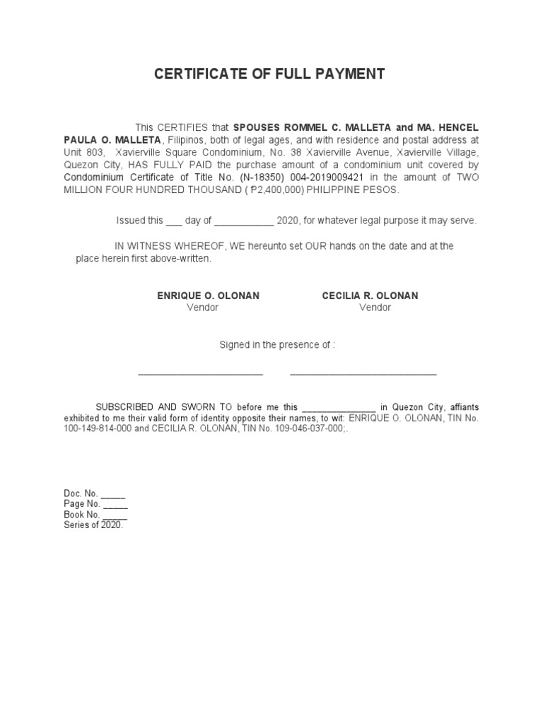 Cert of Full Payment and Acknowledgment Receipt | PDF | Philippines ...