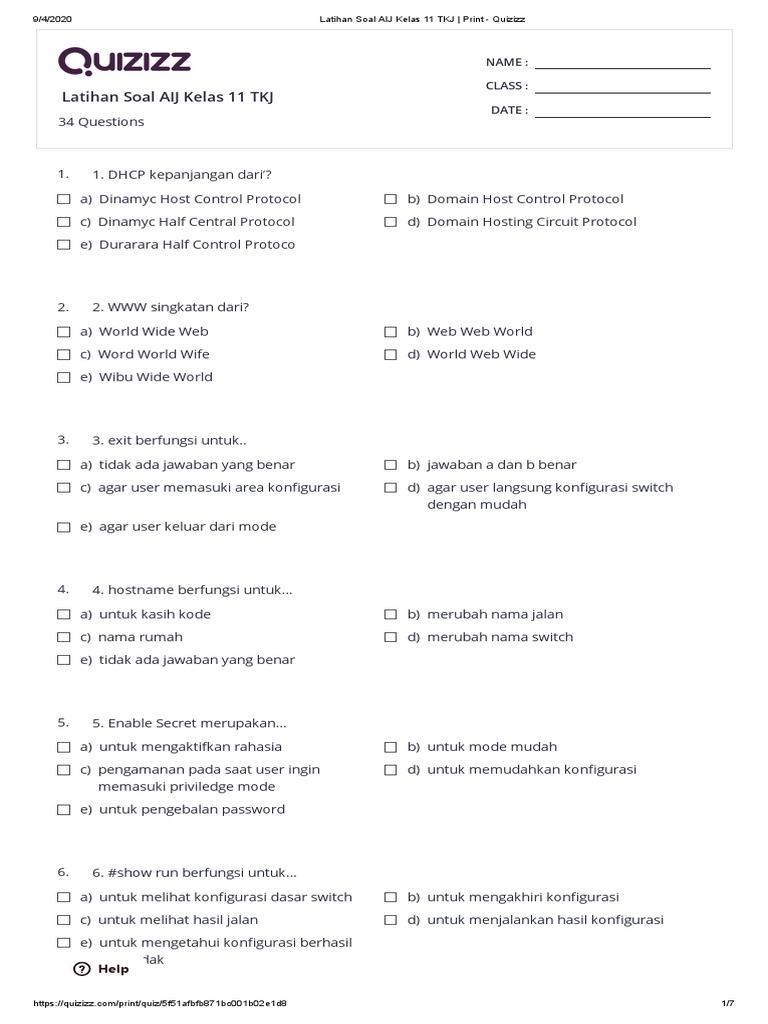 Latihan Soal AIJ Kelas 11 TKJ | PDF