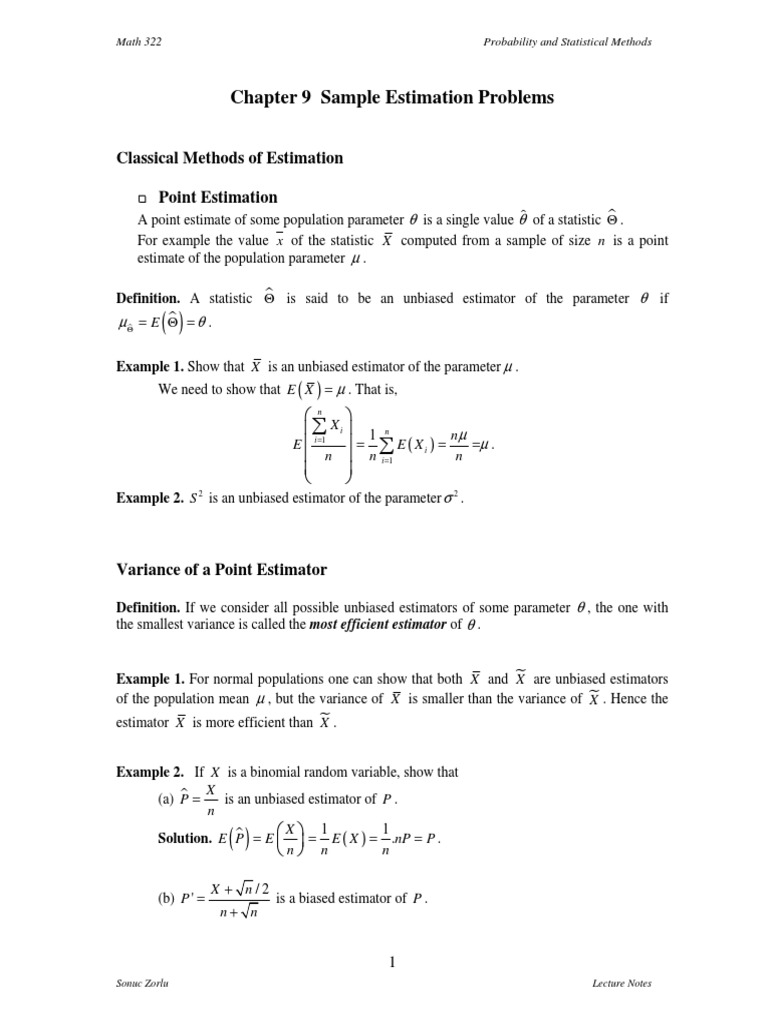 Chapter 9 Sample Estimation Problems: Classical Methods of Estimation Point Estimation | PDF ...
