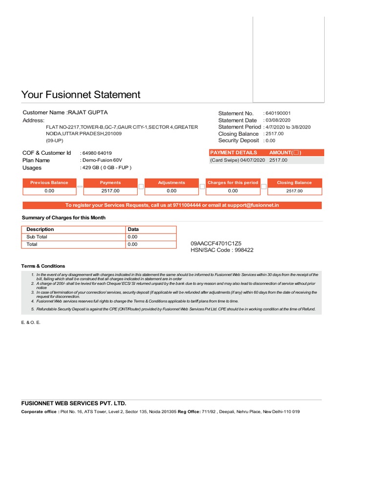 Fusionnet Broadband Bill - Rajat | PDF | Money | Payments