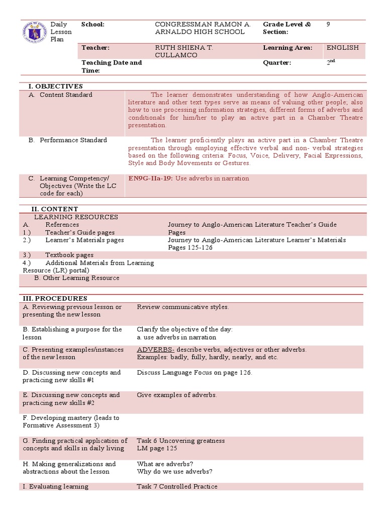 School: Grade Level & Section: Teacher: Learning Area: Teaching Date ...