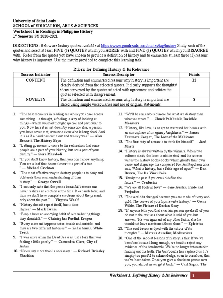 Worksheet 1: Defining History & Its Relevance | PDF | Philosophy ...