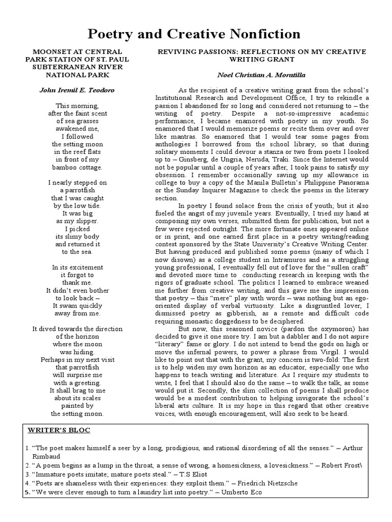 Poetry and Creative Nonfiction: Noel Christian A. Moratilla | PDF | Poetry