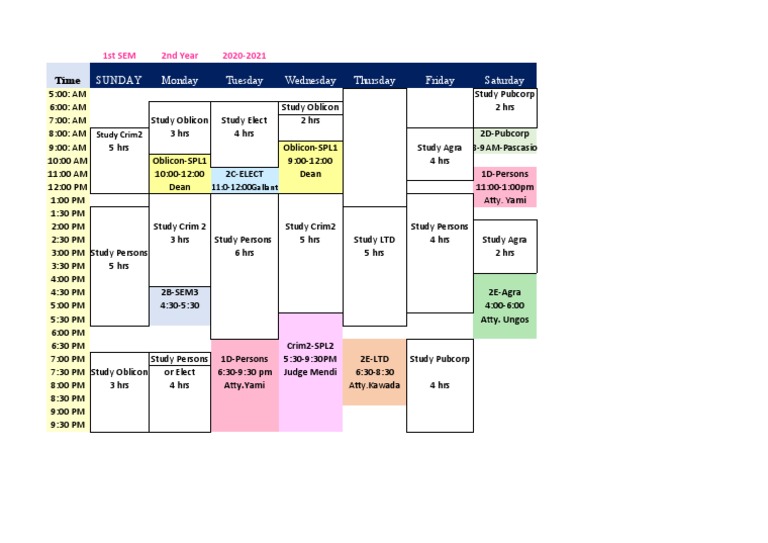 1st Sem-2nd Yr Class Sched | PDF