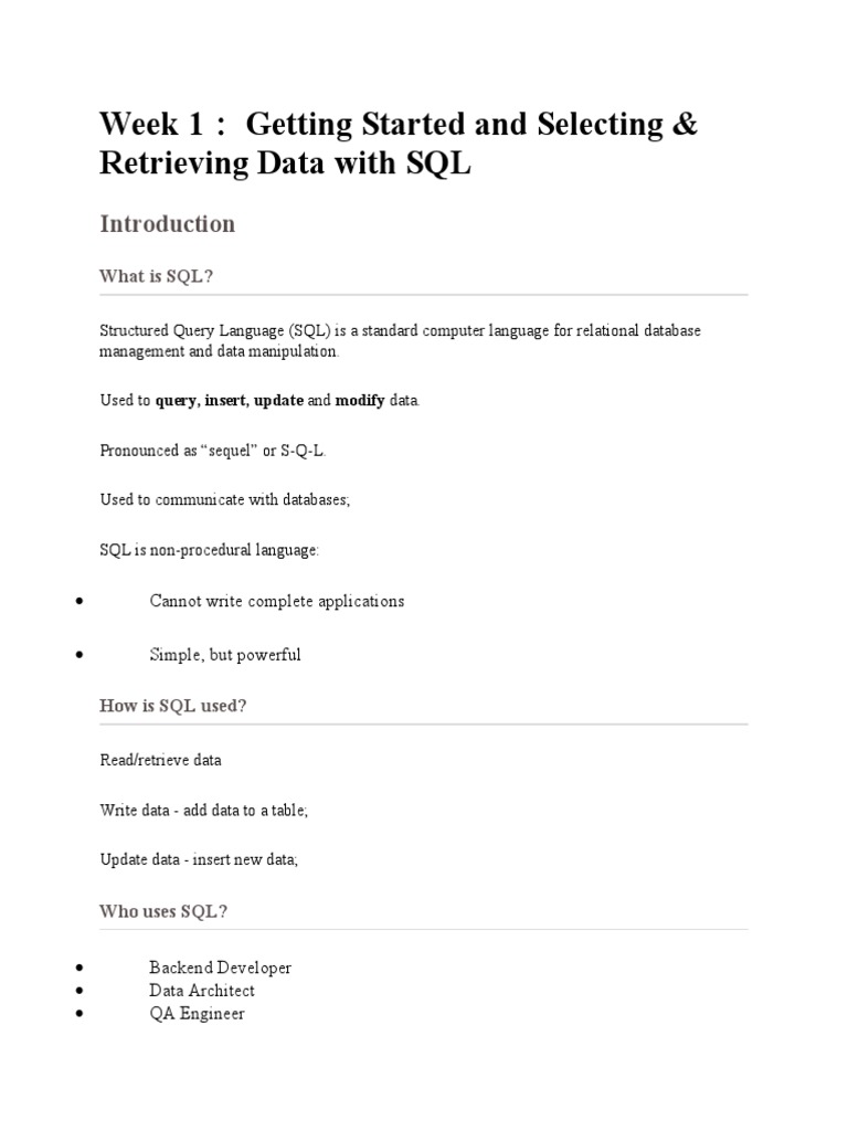 Week 1 Getting Started And Selecting And Retrieving Data With Sql Pdf 3065