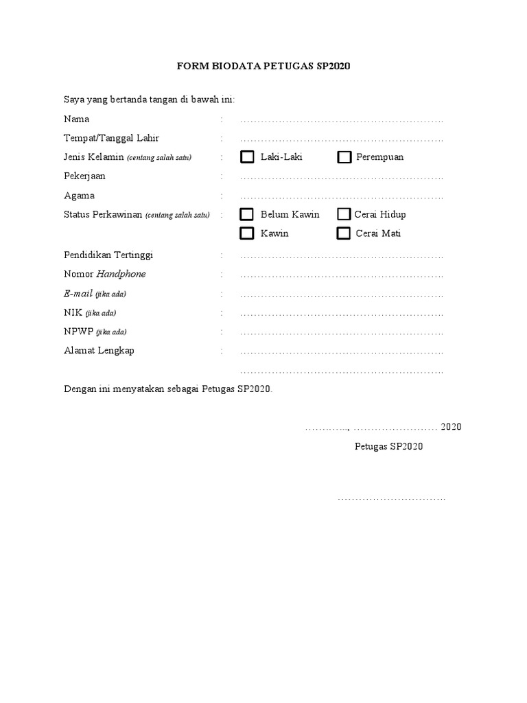 Form Biodata Petugas SP2020 | PDF