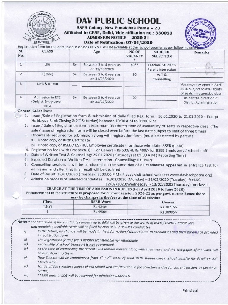 DAV BSEB Admission 2020 Final | PDF | Schools | Learning