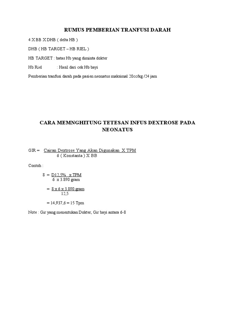 Rumus Transfusi dan Infus Neonatus | PDF | Metode & Bahan Ajar ...