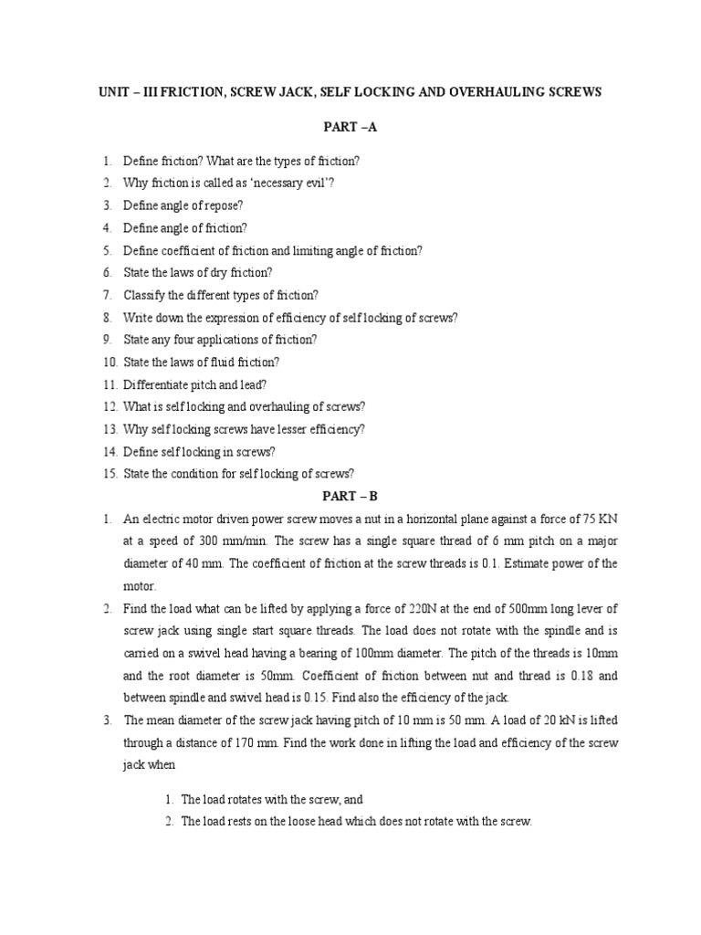 Friction 2 Marks and Important Problems | PDF | Screw | Friction