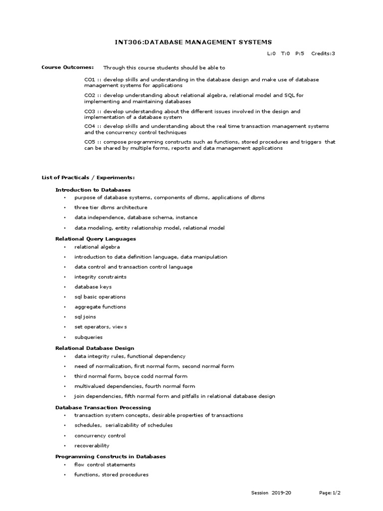 Int306:Database Management Systems: Course Outcomes | PDF | Relational Database | Databases
