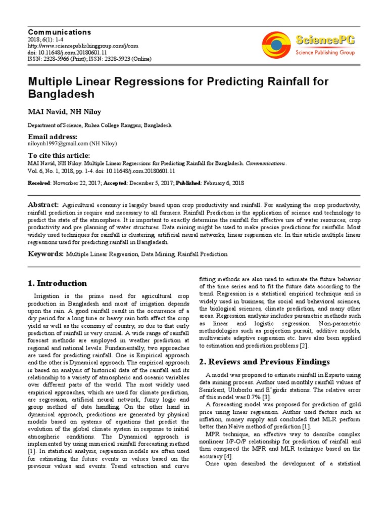 Multiple Linear Regressions For Predicting Rainfall For Bangladesh ...
