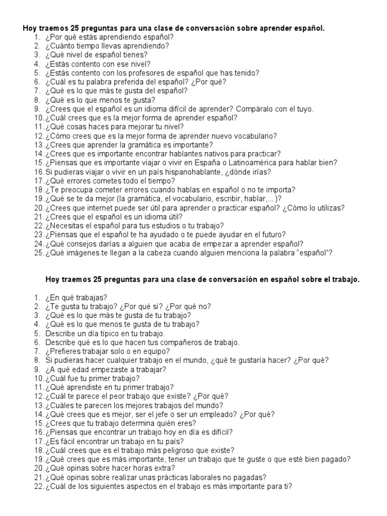 Preguntas para clase de conversación en español | PDF | Idiomas