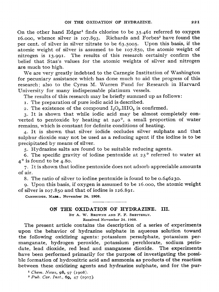 On The Oxidation of Hydrazine. Iii. | PDF | Ammonia | Hydrogen Peroxide