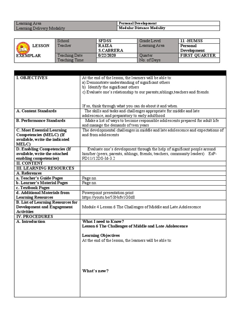 Lesson-Exemplar-SHS Per - dev.MODULE Significant Others | PDF ...