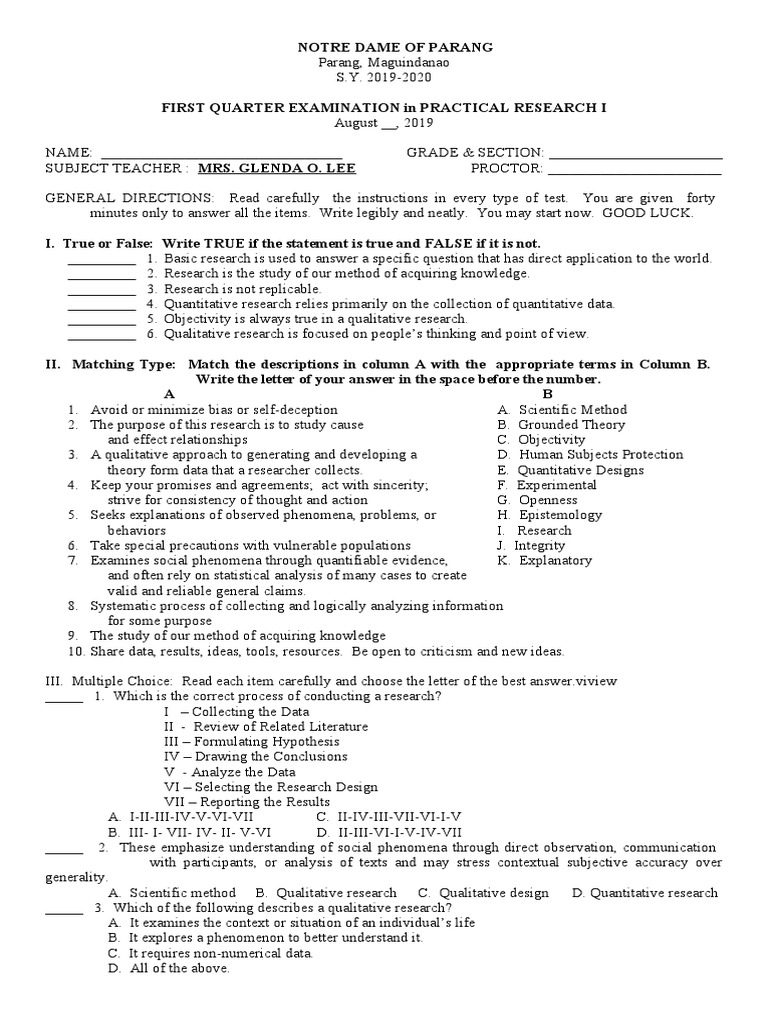 Practical Research Exam 1st Quarter | PDF | Qualitative Research ...