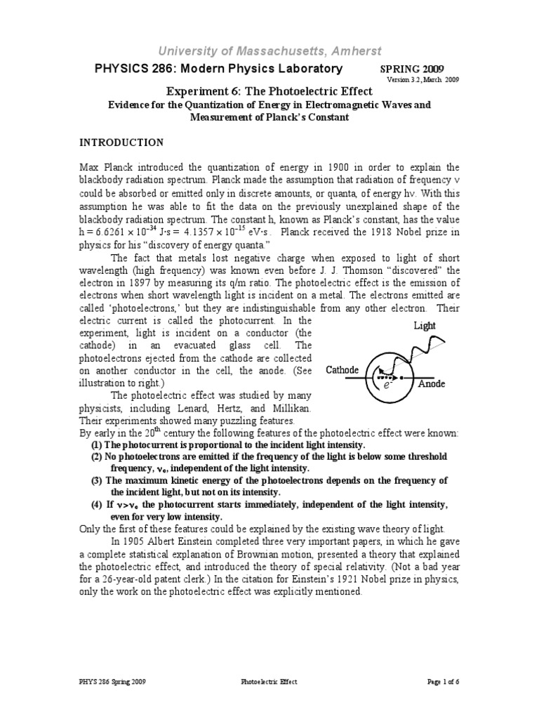 PHYSICS 286: Modern Physics Laboratory Experiment 6: The Photoelectric ...