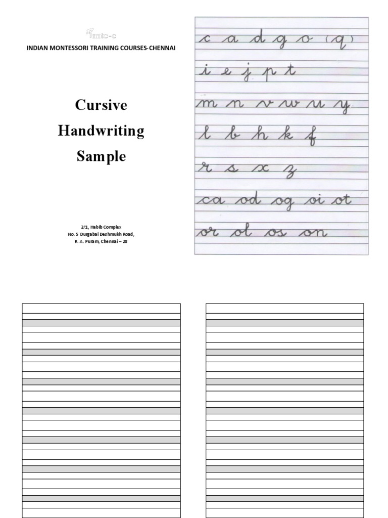 Cursive Handwriting Sample: Indian Montessori Training Courses-Chennai ...
