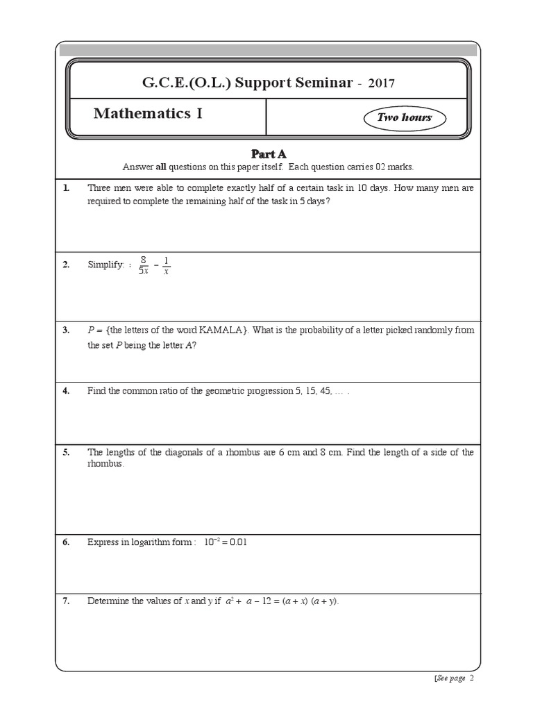 2017 Support Seminar O/L Maths Paper | PDF | Triangle | Area