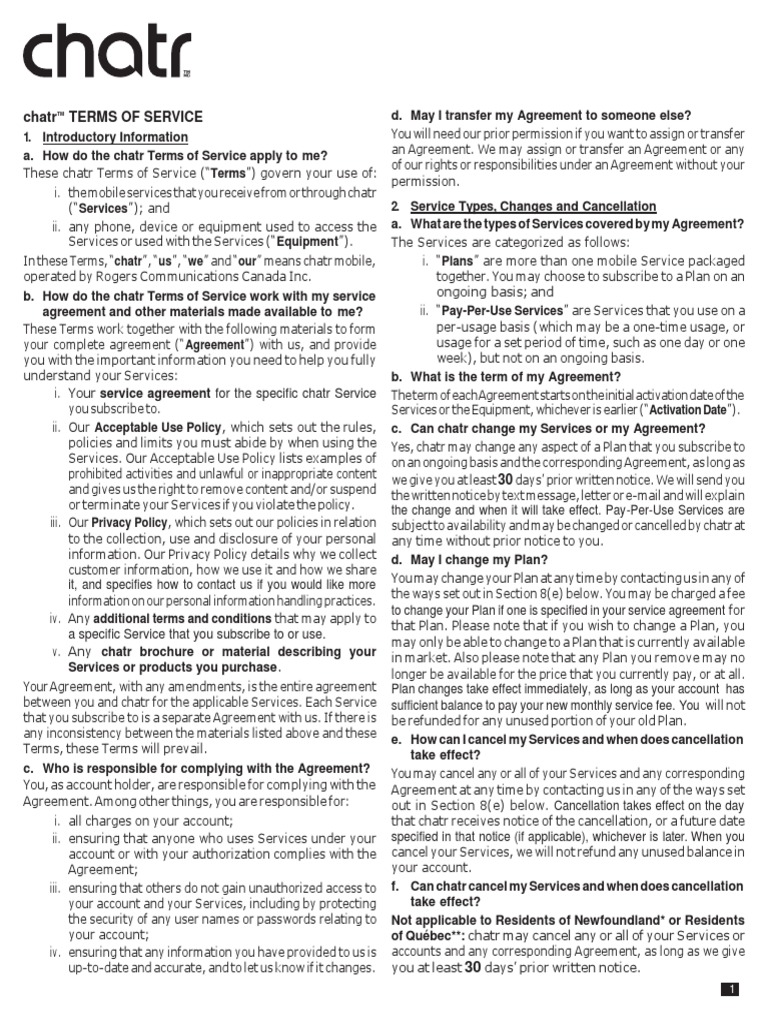Chatr Terms of Service PDF | PDF | Damages | Indemnity