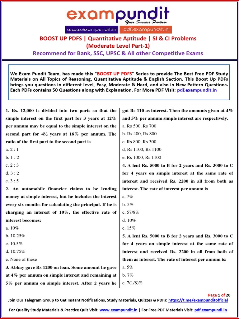 Simple Interest and Compound Interest Questions Moderate 1 | PDF ...