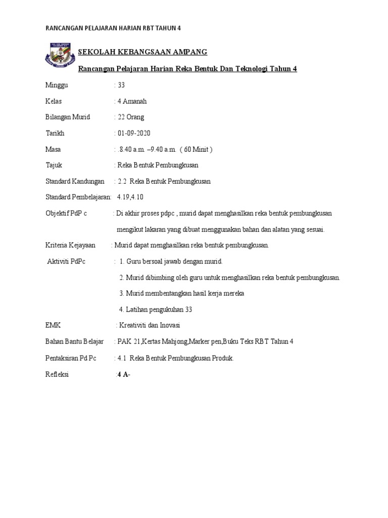RPH RBT Tahun 4 Minggu 28 Tahun 2020 | PDF