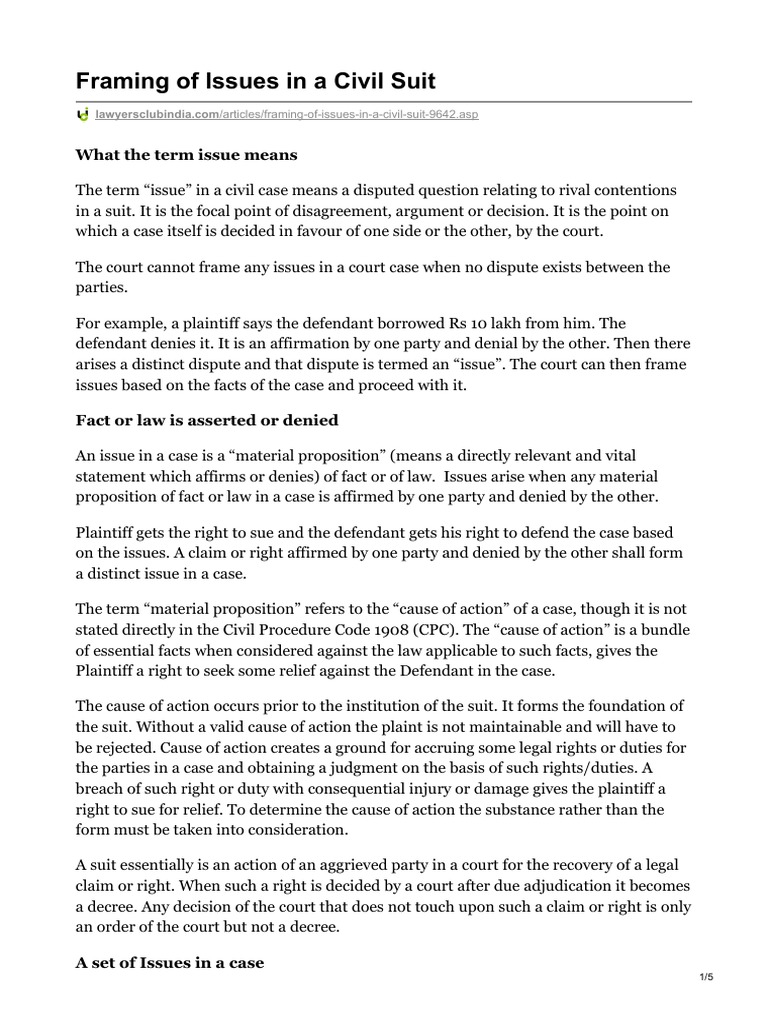 Framing of Issues in A Civil Suit PDF | PDF | Lawsuit | Judgment (Law)