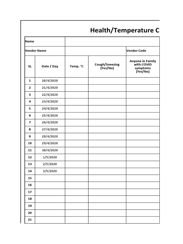 Temperature and Health Record - Sample - Format | PDF | Respiratory ...