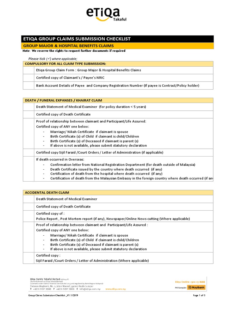 Etiqa Group Claims Submission Checklist | PDF | Neurology | Systemic ...