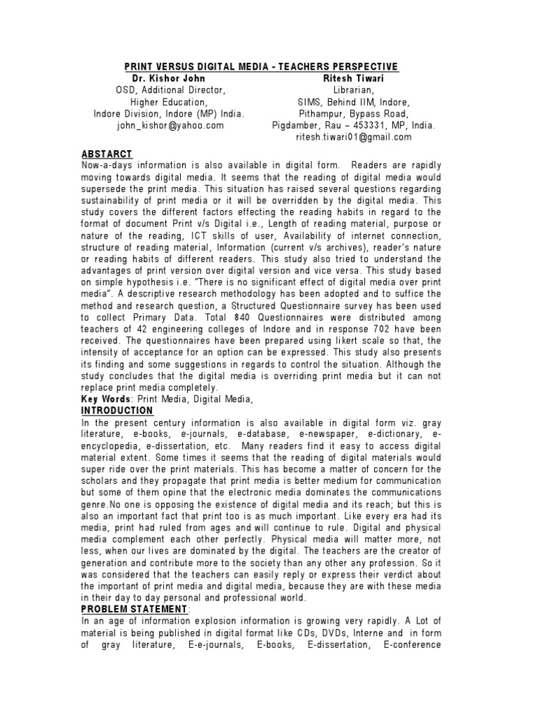 Print Versus Digital Media Teachers Perspectives | PDF