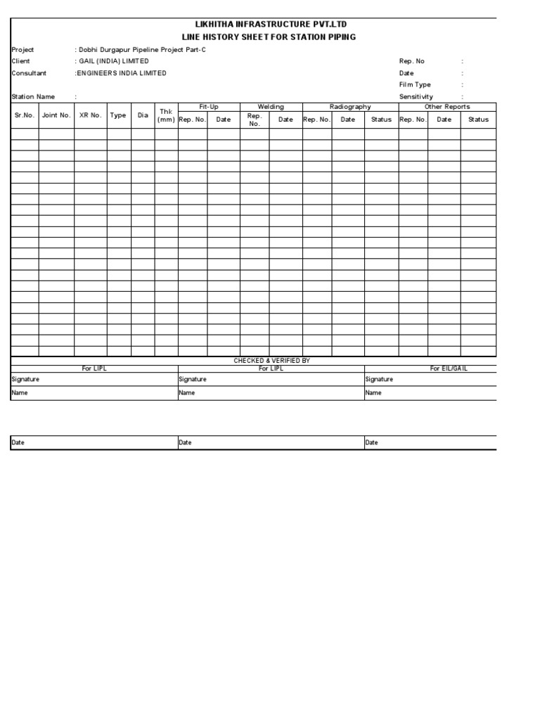 Line History Sheet for Pipeline Project | PDF