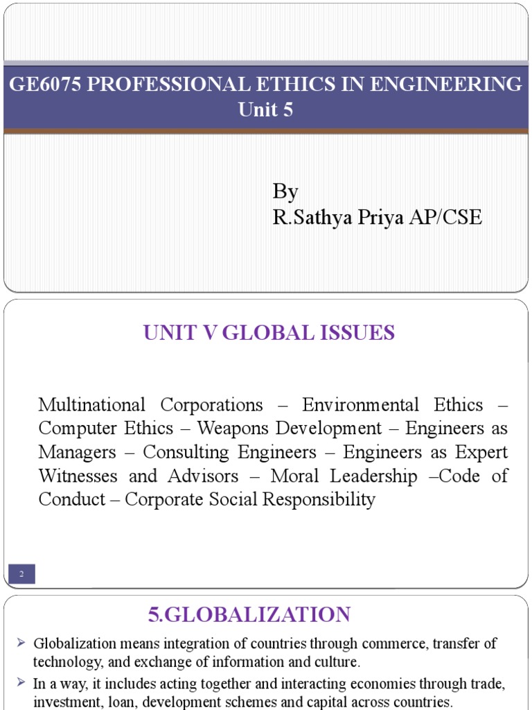 Ge6075 Professional Ethics in Engineering Unit 5: by R.Sathya Priya AP/CSE | PDF | Electronic ...