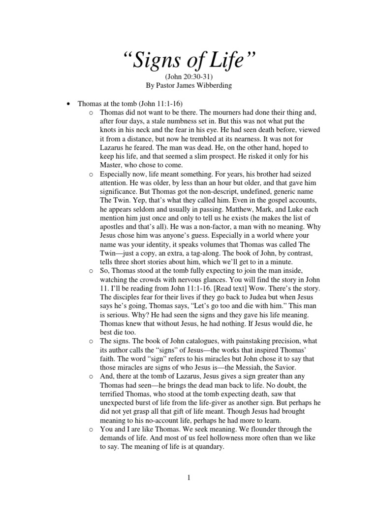 Signs of Life - 10-7-06 PDF | PDF | Gospel Of John | Gospel Of Mark