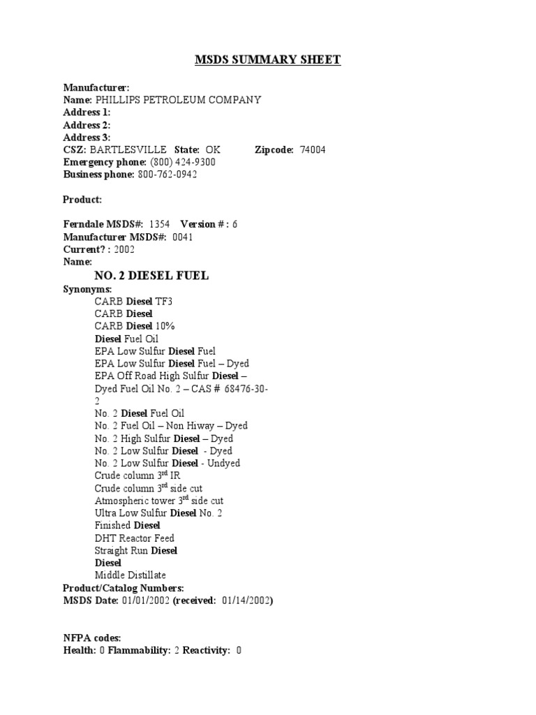 Msds Summary Sheet: RD RD RD | PDF | Hazardous Waste | Diesel Fuel