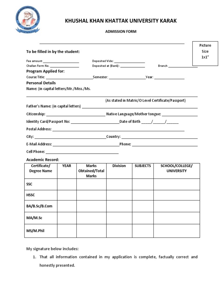 Khushal Khan Khattak University Karak: To Be Filled in by The Student | PDF