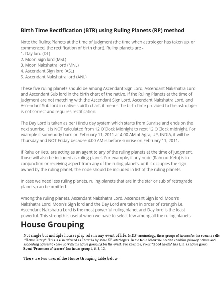 House Grouping: Birth Time Rectification (BTR) Using Ruling Planets (RP) Method | PDF | Planets ...