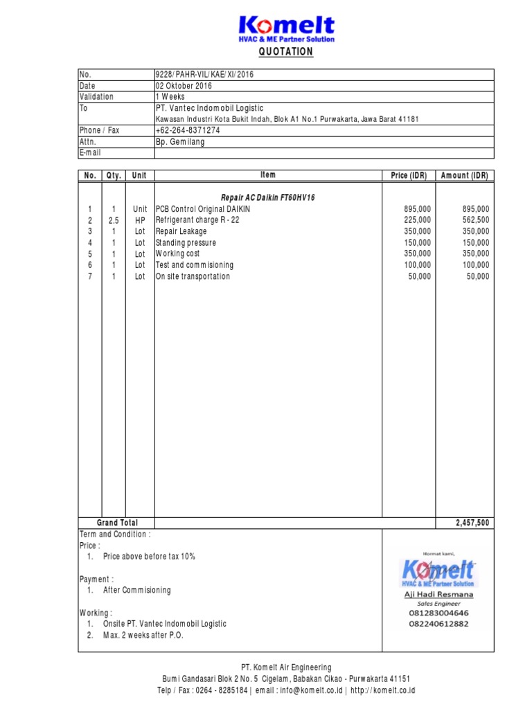 Quotation: PT. Vantec Indomobil Logistic +62-264-8371274 Bp. Gemilang | PDF