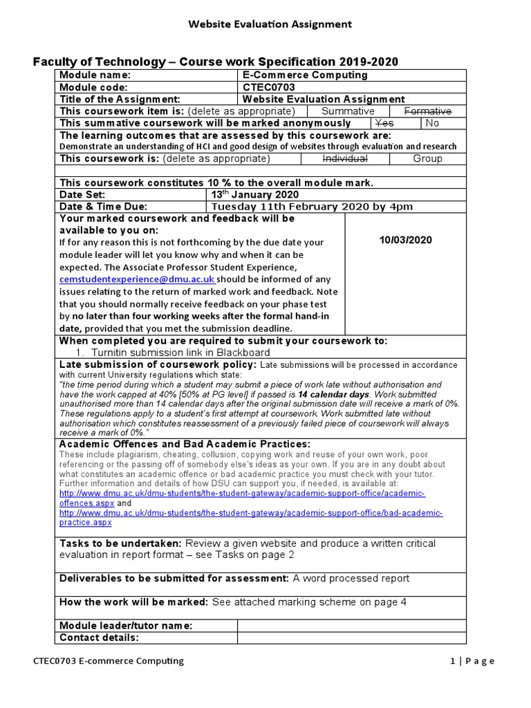 Website Evaluation Assignment Faculty of Technology - Course Work Specification 2019-2020 | PDF