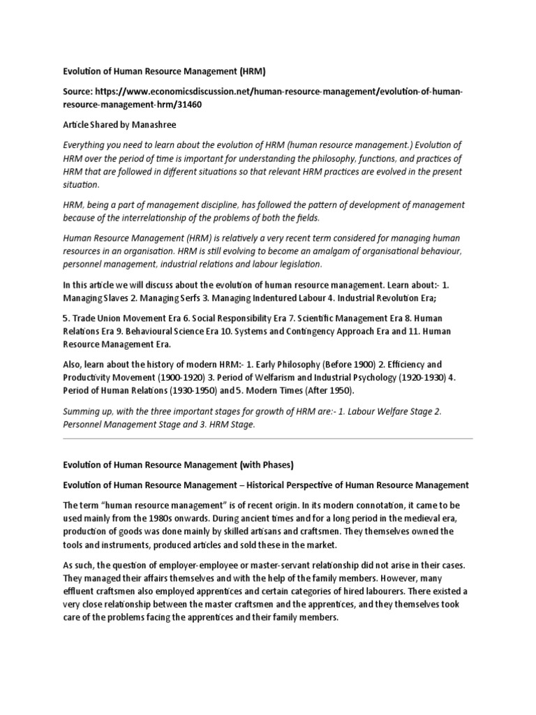 Evolution of Human Resource Management | PDF | Industrial And ...