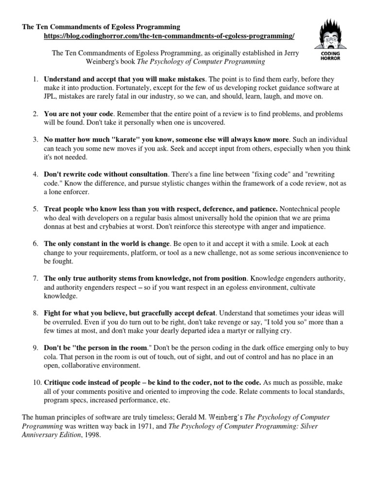10 Commandments of Egoless Programming | PDF | Psychology ...