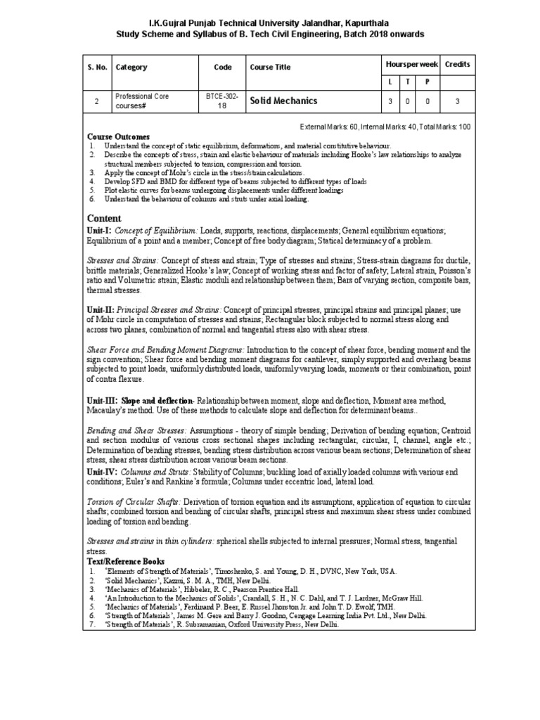 Solid Mechanics Syllabus | PDF | Bending | Stress (Mechanics)