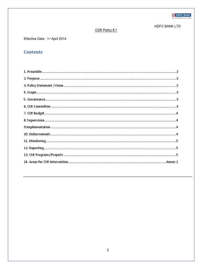 HDFC Bank LTD CSR Policy #:1 Effective Date: 1 April 2014 | PDF ...