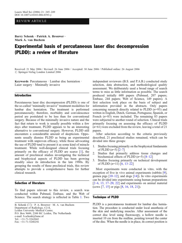 Experimental Basis of Percutaneous Laser Disc Decompression (PLDD) : A Review of Literature ...