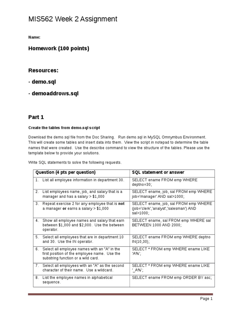 MIS562 Week 2 Assignment: Homework (100 Points) | PDF | Data Management | Databases