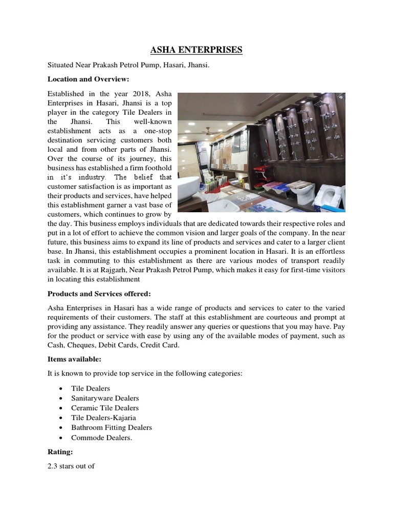 Asha Enterprises: Location and Overview | PDF