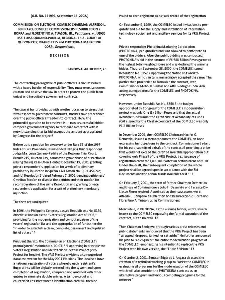 COMELEC v. Quijano-Padilla, G.R. No. 151992 | PDF | Mandamus | Commission On Elections (Philippines)