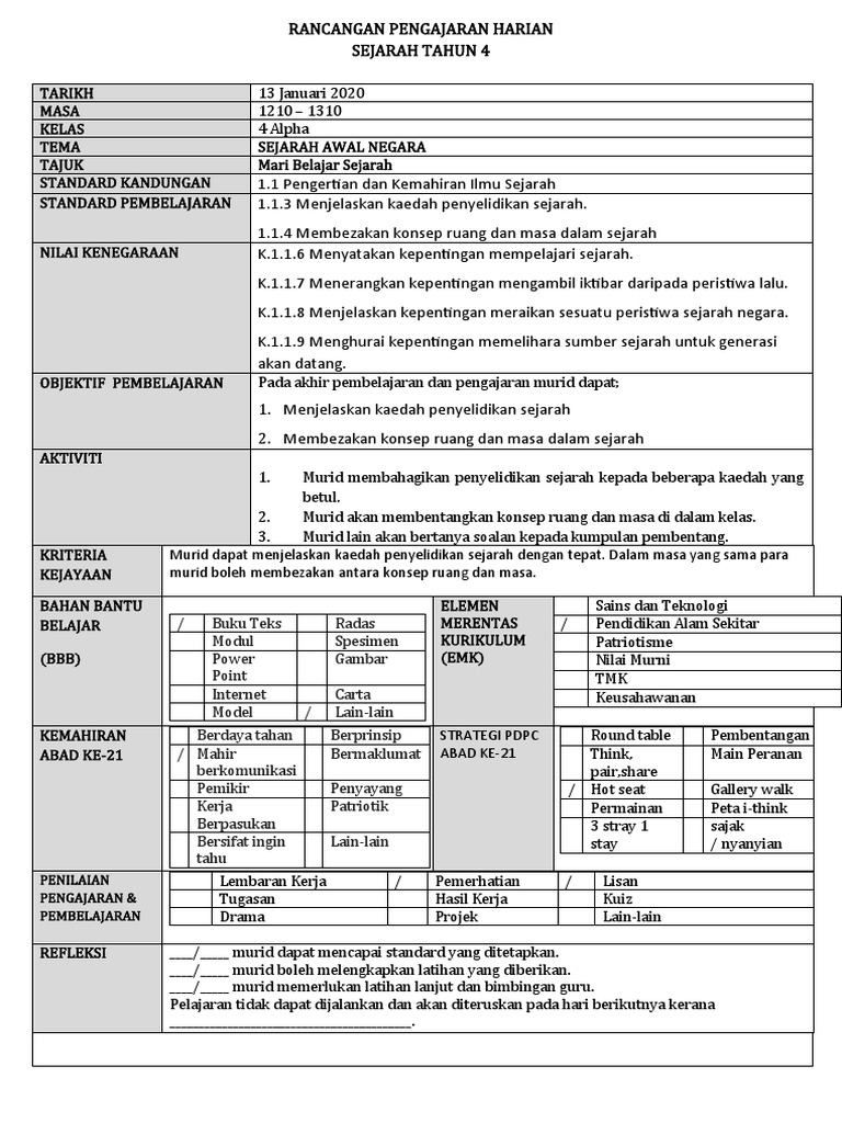 RPH SEJARAH TAHUN 4 Minggu 2 (PAK 21) | PDF